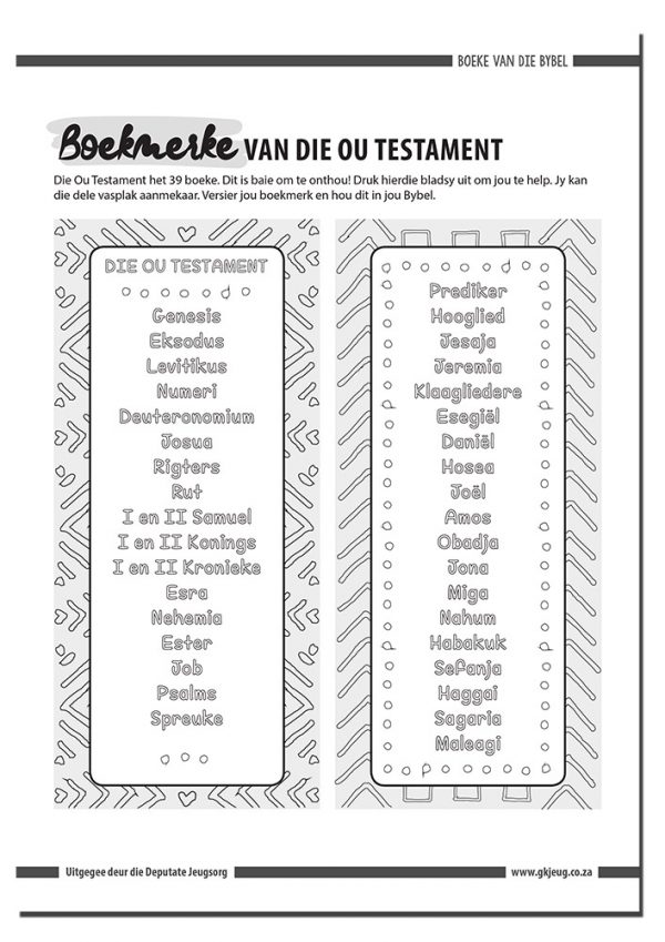 Inkleur-boekmerke van die Bybelboeke – GK Jeug